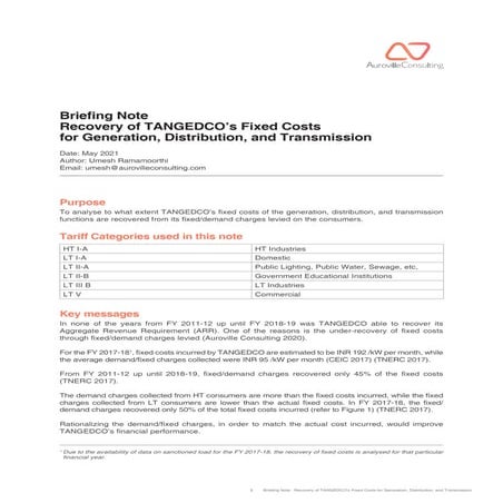 BRIEFING NOTE: RECOVERY OF TANGEDCO’S FIXED COSTS FOR GENERATION ...