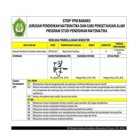 2021 1 rps_metode penelitian pendidikan matematika | PDF