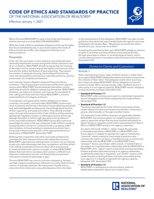 Code of Ethics and Responsibilities of Real Estate Practitioners | PDF ...