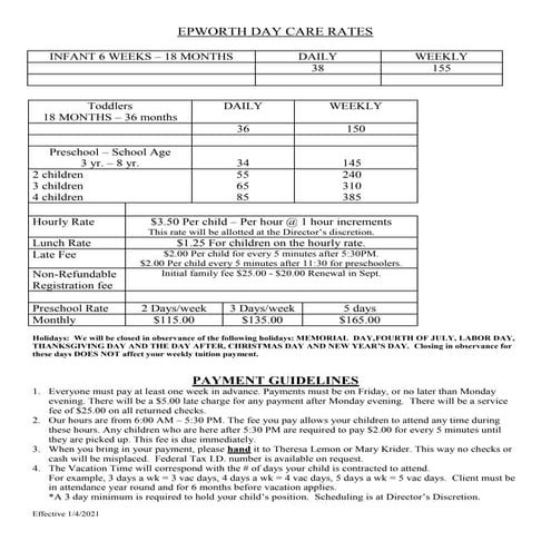2021 day care current rates | PDF