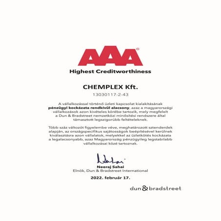 Chemplex Kft. AAA minősítést kapott a Dun & Bradstreet minősítése alapján | PDF