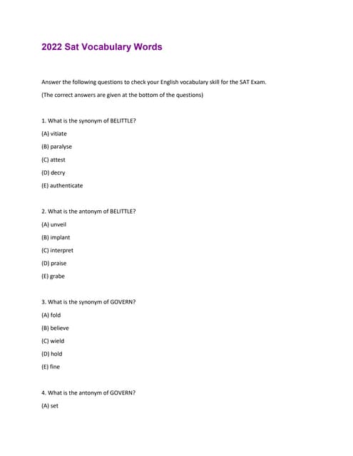 Sat Vocabulary Practice Questions | PDF
