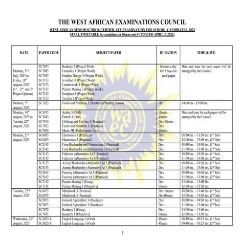 2023-wassce-school-timetable for waec gh | PDF