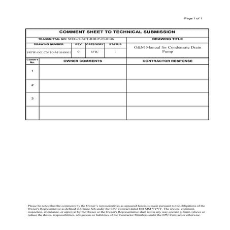 20230403 Comment Sheet (O&M Manual for Condensate Drain Pump_IFIC 0).doc