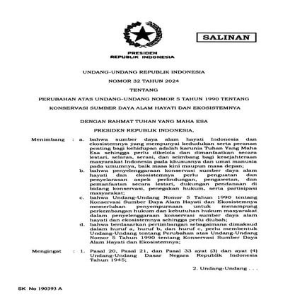 UU 32/2024 Perubahan UU 5/1990 tentang KONSERVASI SDAHE | PDF