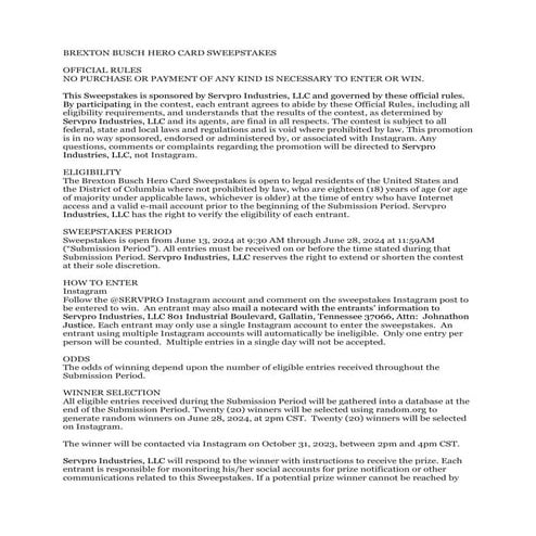 2024 Brexton Busch Hero Card Sweepstakes Rules | PDF