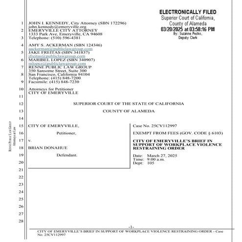 City of Emeryville's Brief In Support of Workplace Violence Restraining ...