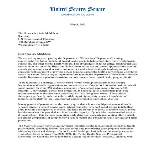 Letter to Secretary Linda McMahon from U.S. Senators | PDF