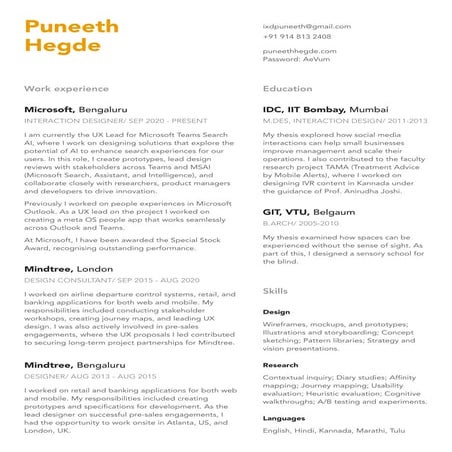 Puneeth Hegde Designer at Microsoft Resume | PDF