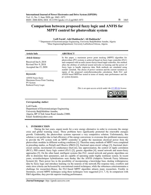 Comparison Between Proposed Fuzzy Logic And Anfis For Mppt Control For Photovoltaic System Pdf