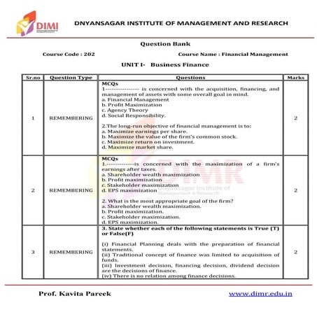 202 financial management imp question dimr | PDF | Stocks and Bonds | Personal Investing
