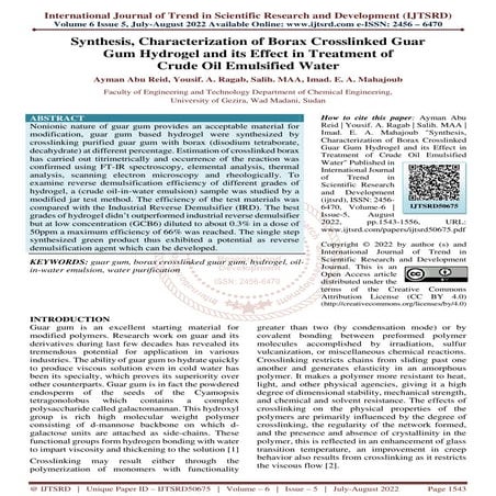 Synthesis, Characterization of Borax Crosslinked Guar Gum Hydrogel and ...