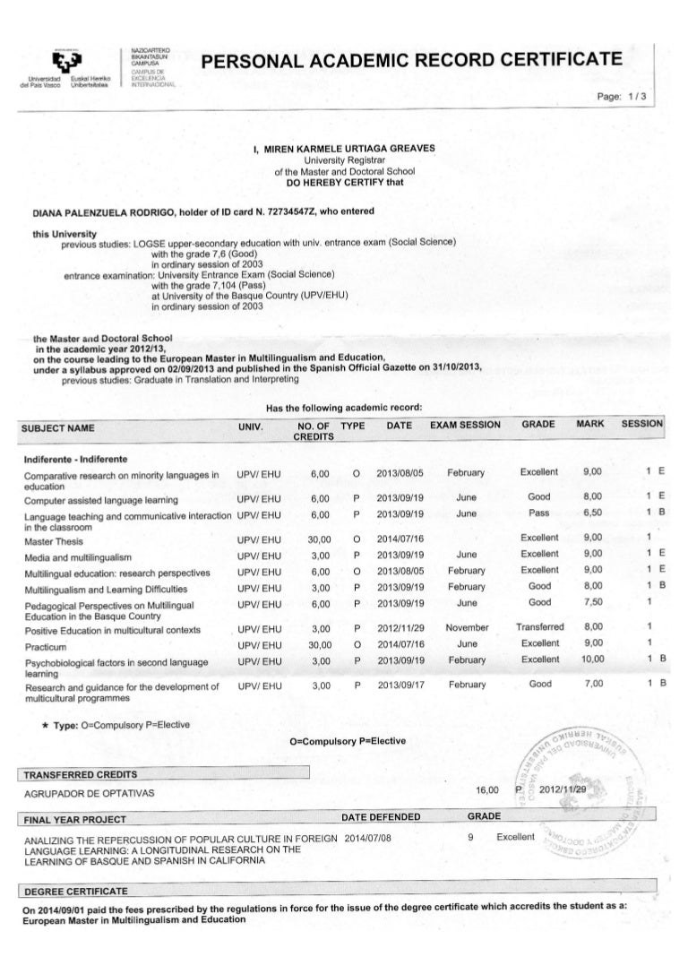 Personal Academic Record Certificate Personal Academic Record Certificate