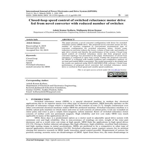 Closed Loop Speed Control Of Switched Reluctance Motor Drive Fed From Novel Converter With