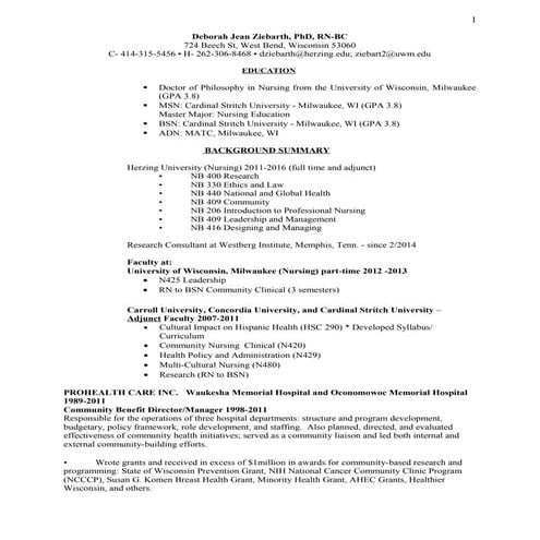 Ziebarth Deborah J Resume 2016 | DOC