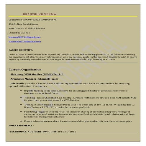 brajesh Resume -asm vivo | DOC
