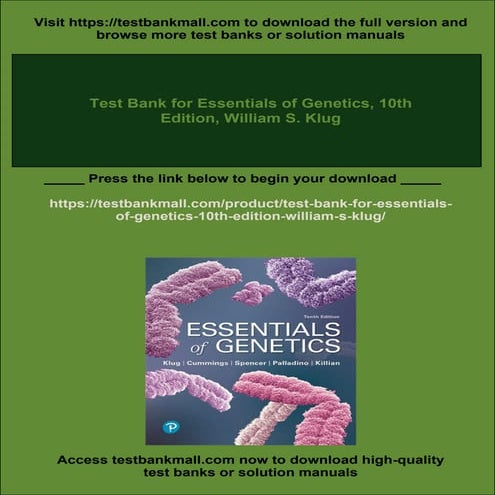 Test Bank for Essentials of Genetics, 10th Edition, William S. Klug | PDF