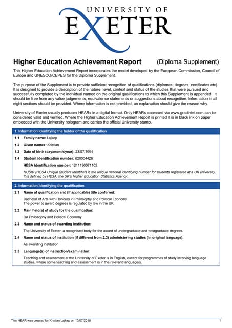 Masters Academic Transcript | PDF