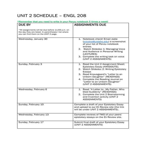 ENGL 208 Online Unit 2 Schedule | PDF