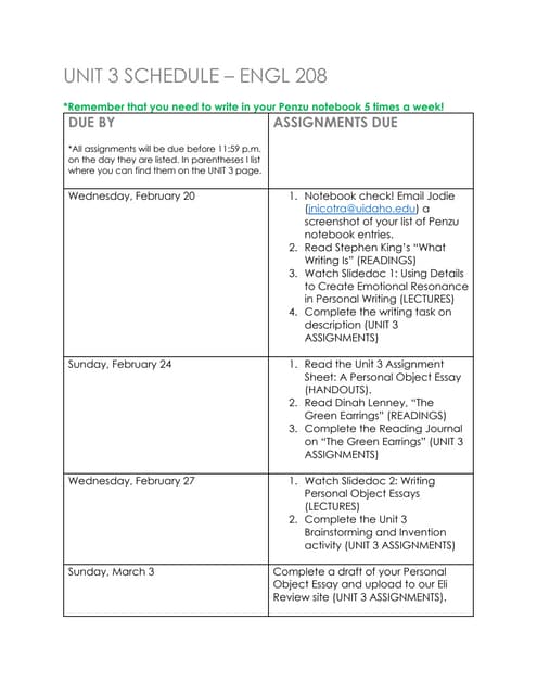 ENGL 208 Online Unit 1 Schedule | PDF