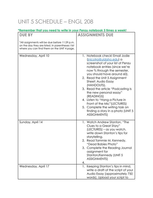 ENGL 208 Online Unit 4 Schedule | PDF