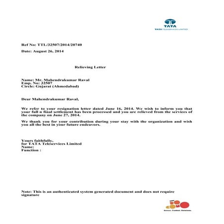 Relieving Letter Format