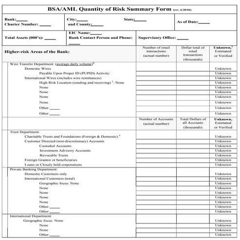 bsa aml quantity of risk spreadsheet | PDF
