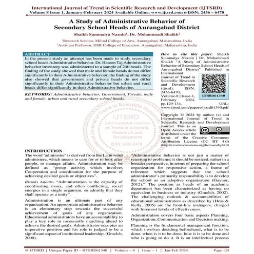A Study of Administrative Behavior of Secondary School Heads of ...