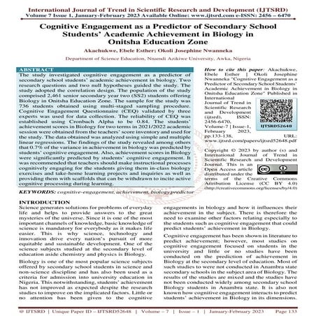 Cognitive Engagement as a Predictor of Secondary School Students’ Academic Achievement in ...