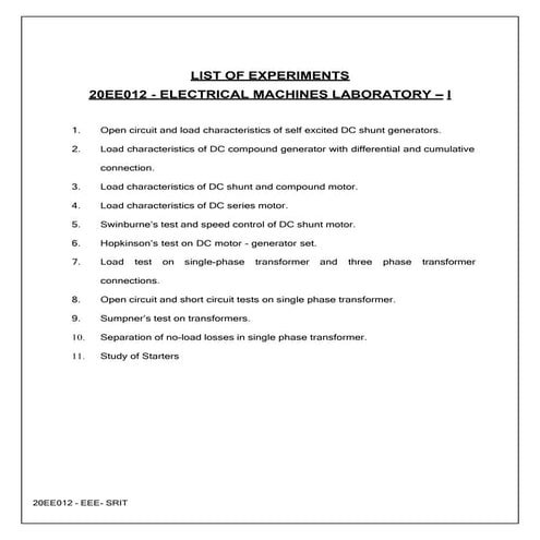20EE012 electrical machines -1 lab manual | PDF