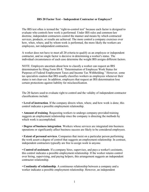 Employee vs Independent Contractor | PDF