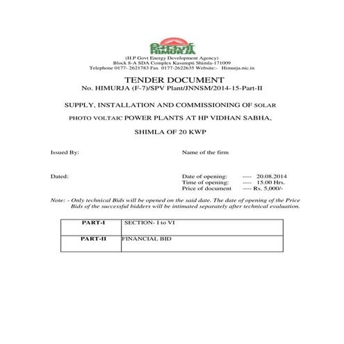 Tender Document for Solar Project in Himachal Pradesh | PDF