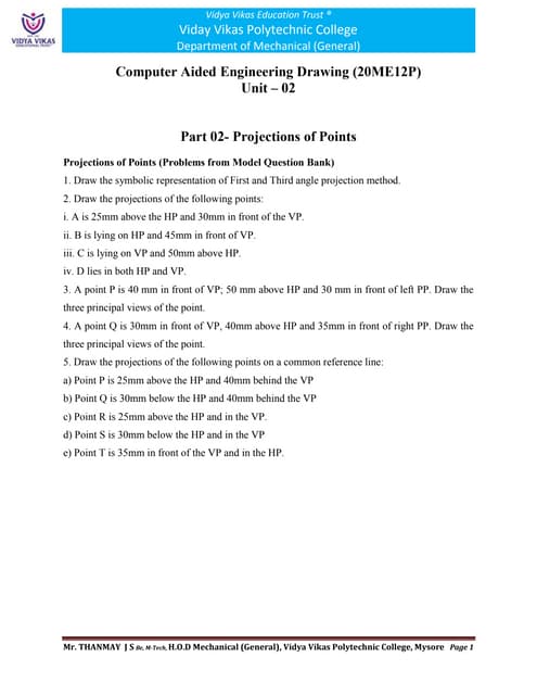 Computer Aided Engineering Drawing 20ME12P Unit – 02 Part 03 - PROJECTIONS OF PLANE SURFACE | PDF