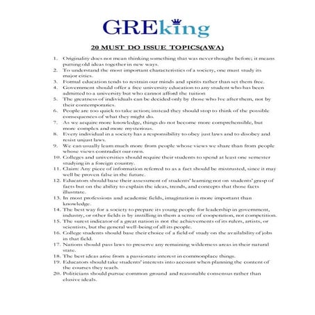 GREKing: 20 must do AWA issue topics for gre preparation | DOCX