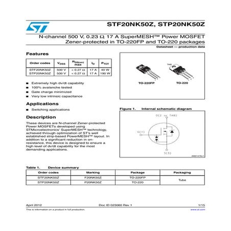 Original N-CHANNEL Mosfet STP20NK50Z 20NK50 20A 500V TO-220 New STMicroelectronics | PDF