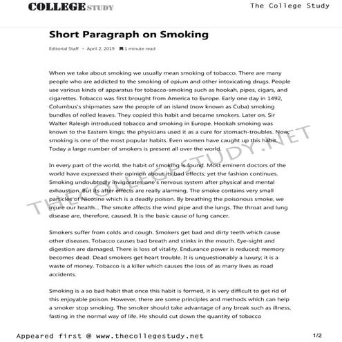 20 short paragraph on smoking the college study10100 | PDF