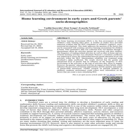 Home learning environment in early years and Greek parents’ socio ...