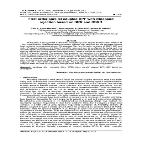 First order parallel coupled BPF with wideband rejection based on SRR and CSRR | PDF