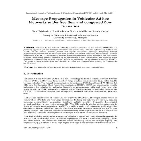 Message Propagation In Vehicular Ad Hoc Networks Under Free Flow And Congested Flow Scenarios Pdf