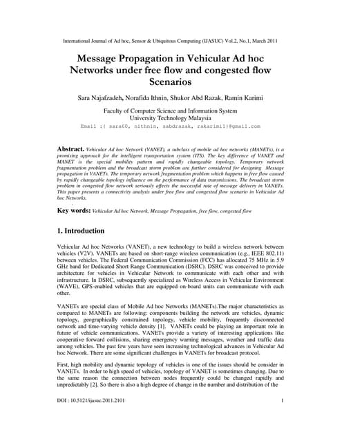 Message Propagation In Vehicular Ad Hoc Networks Under Free Flow And Congested Flow Scenarios Pdf