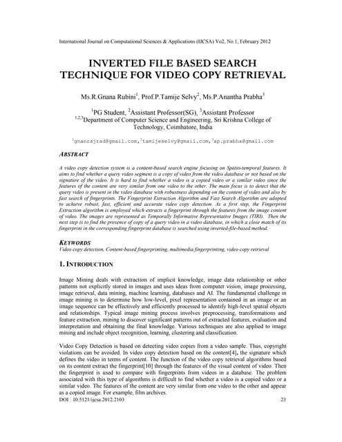 PERFORMANCE ANALYSIS OF FINGERPRINTING EXTRACTION ALGORITHM IN VIDEO COPY DETECTION SYSTEM | PDF