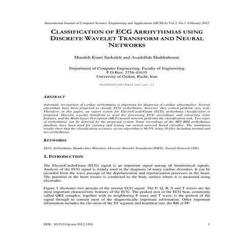 Classification Of Ecg Arrhythmias Using Discrete Wavelet Transform And Neural Networks Pdf
