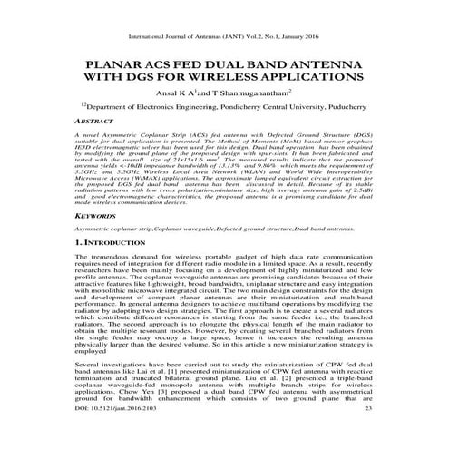 PLANAR ACS FED DUAL BAND ANTENNA WITH DGS FOR WIRELESS APPLICATIONS | PDF