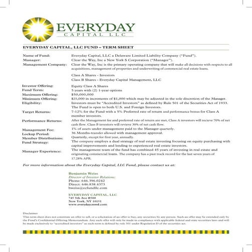 Everyday Capital, LLC Term Sheet | PDF