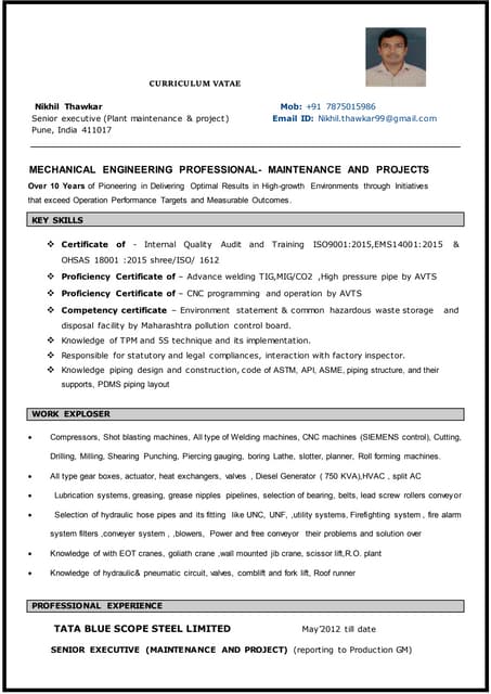 CV - 19 yrs exp at HOT ROLLING MILL operation with DME & MBA in ...