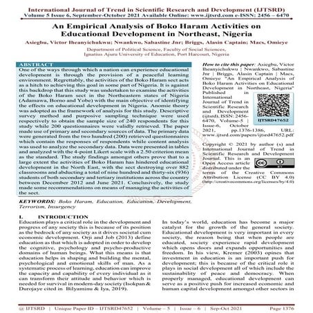 An Empirical Analysis of Boko Haram Activities on Educational Development in Northeast, Nigeria ...