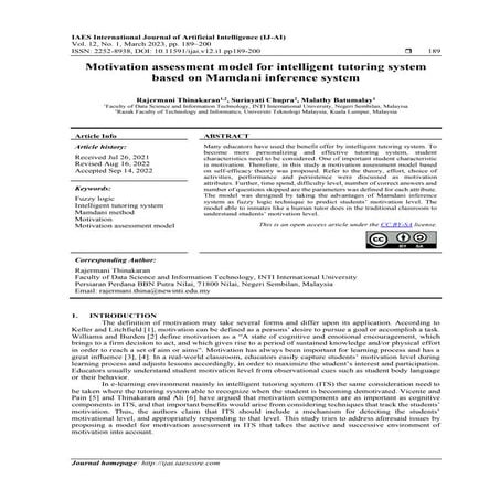 Motivation assessment model for intelligent tutoring system based on Mamdani inference system | PDF