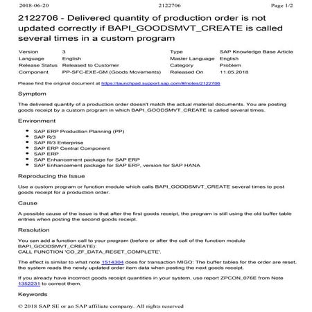 2122706 - Delivered quantity of production order is not updated correctly if BAPI_GOODSMVT ...