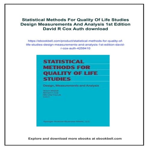 Statistical Methods For Quality Of Life Studies Design Measurements And Analysis 1st Edition ...