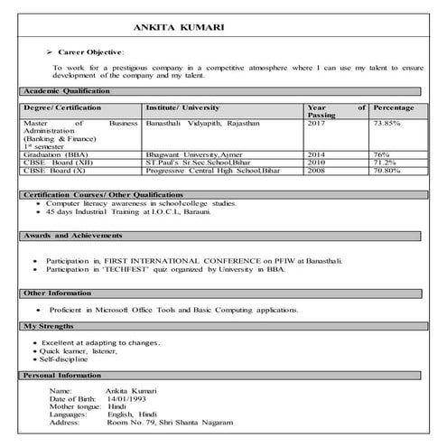 Copy of cv of ankita kumari banasthali format | DOCX